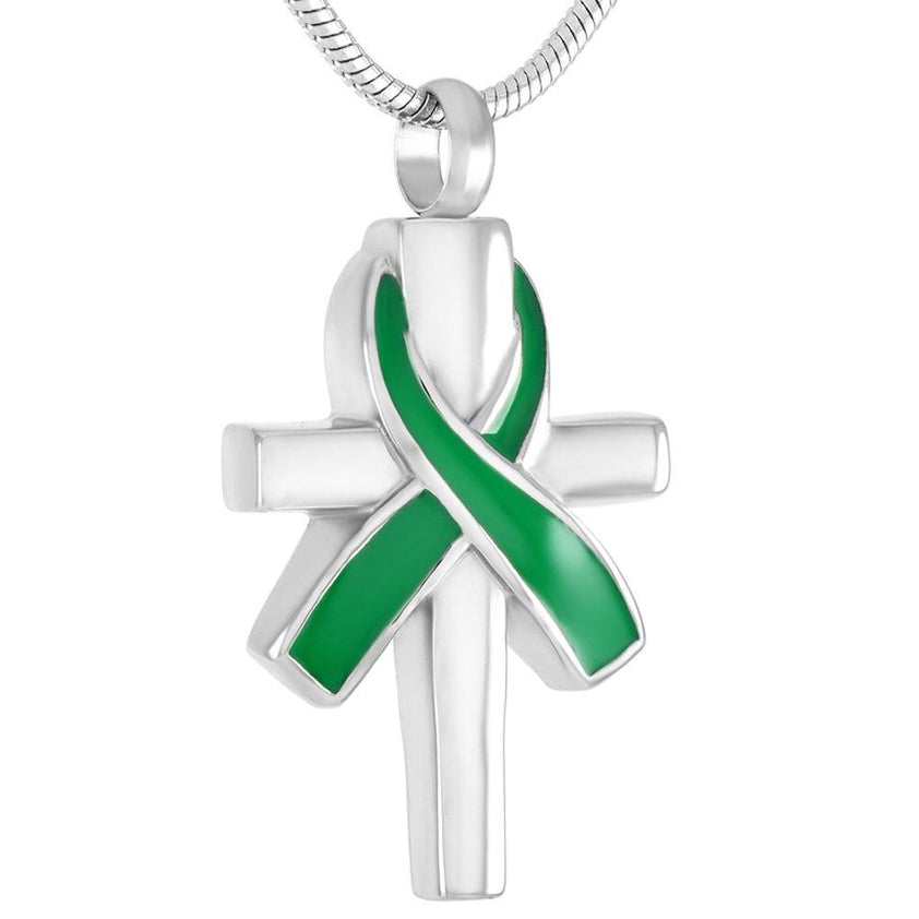 Silver Cross & Cancer Ribbon - Ash Necklace - Cherished Emblems